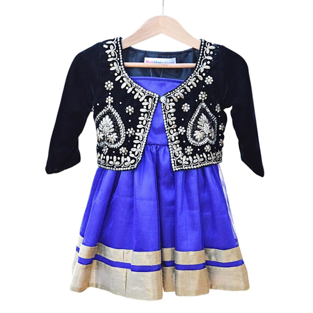 Blue Frock with Traditional Black Kasab Work Velvet Jacket for Girls
