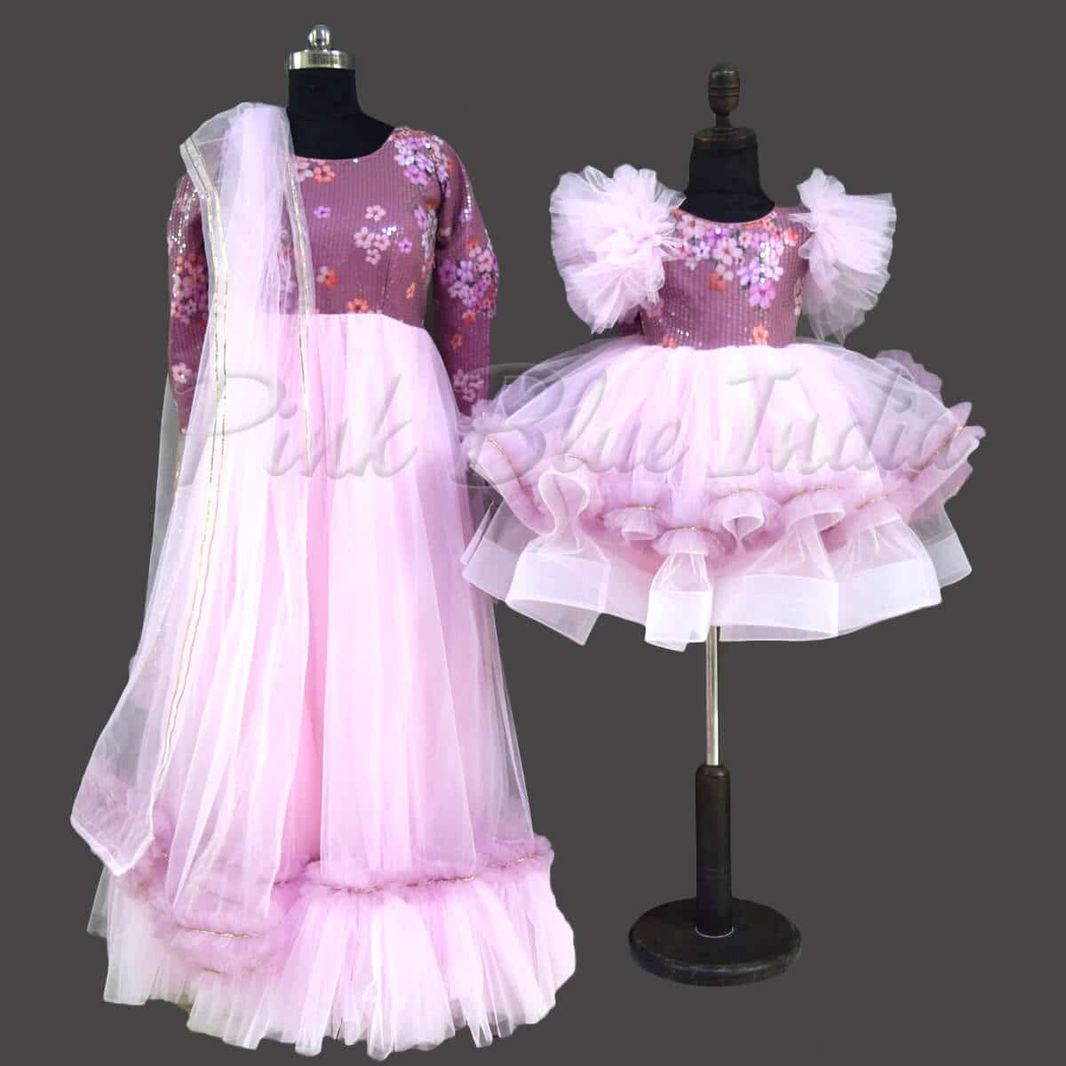 Pink Mother and Daughter Combo Party Wear Gown